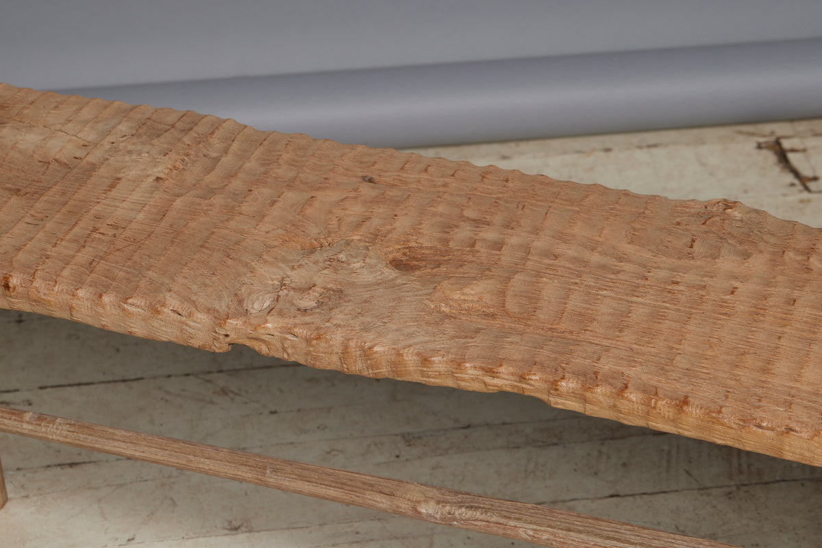 Gadrooned Natural Teak Bench with Stretcher Base & Tapered Leg – Michael Trapp