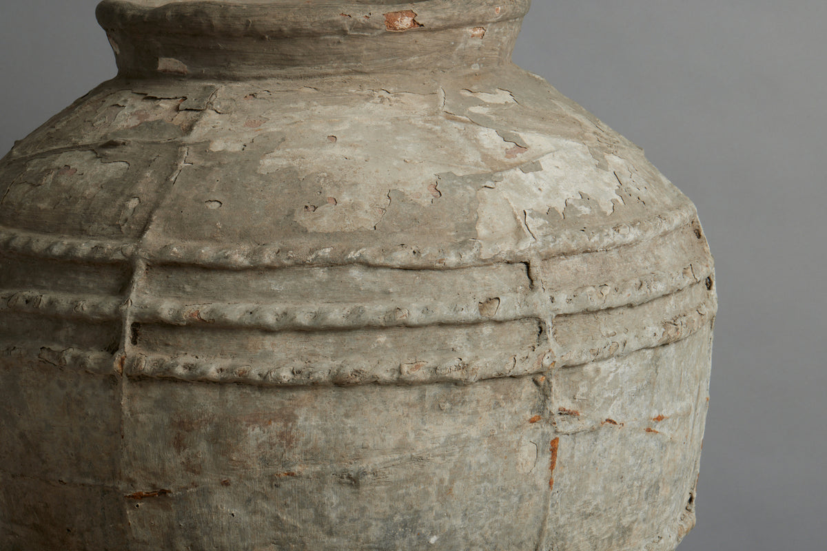 Terra Cotta Jar with Four Decorated Bands and Vertical Ribbing from Bo ...