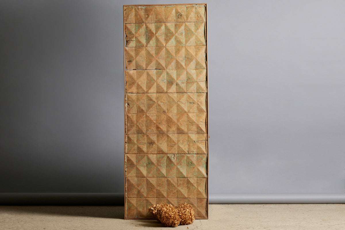 Framed Faceted Teak Panels with Traces of Old Blue Green Paint ...