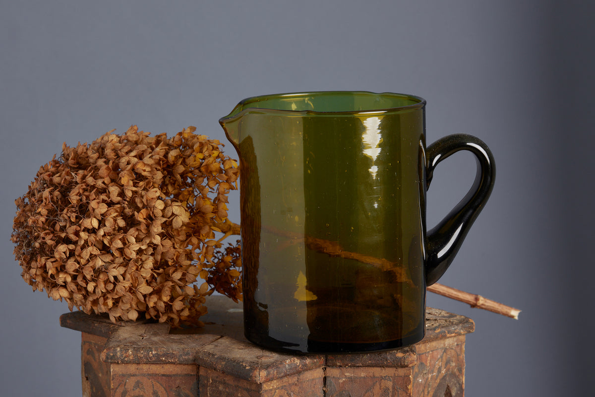 Large Hand Blown Olive Colored Glass Pitcher – Michael Trapp